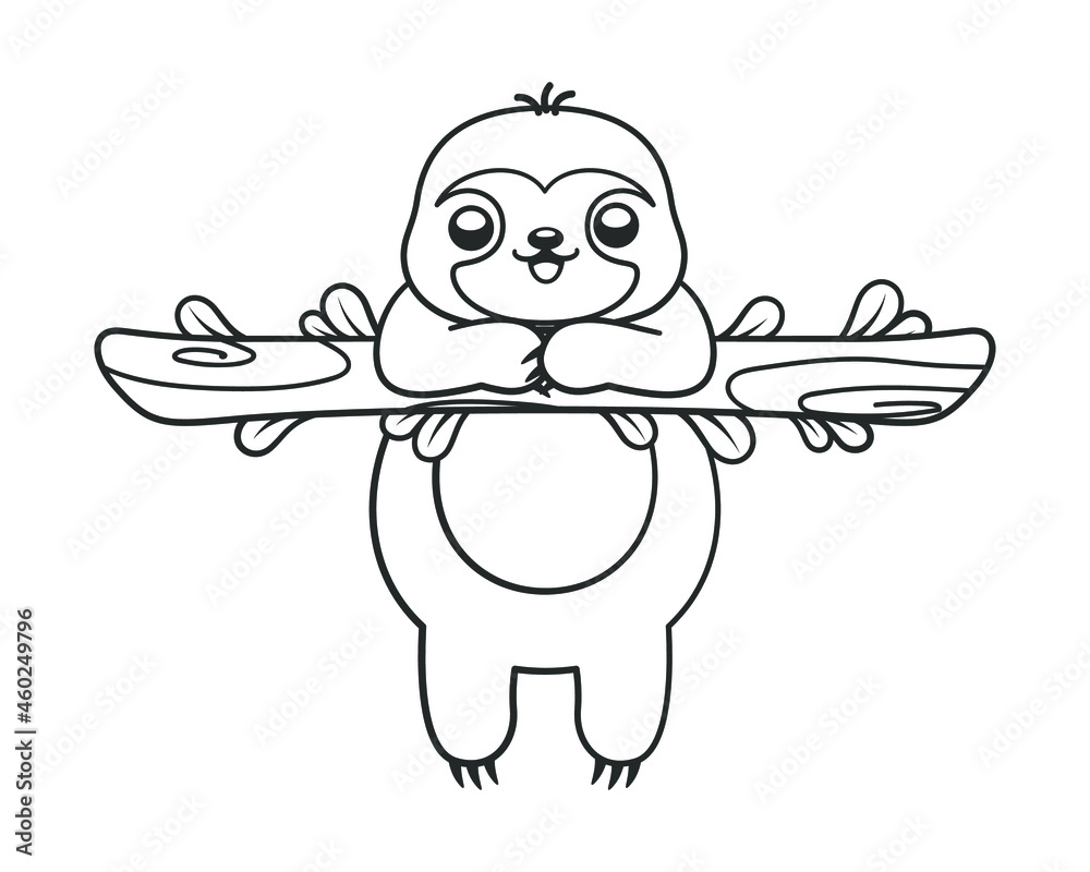 Cute sloth hanging on a branch line art outline clipart vector ...
