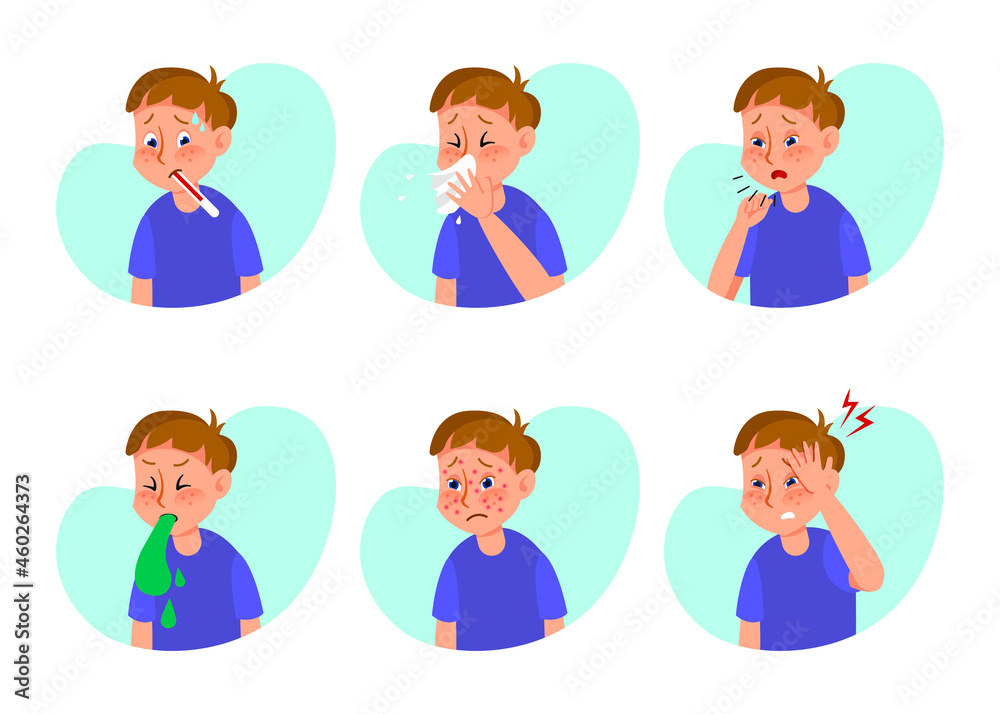 Ill boy with flu or cold flat vector illustrations set. Cartoon kid ...