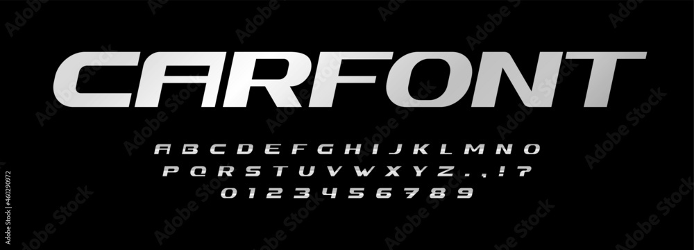 Car font alphabet letters. Automotive brand logo typography. Steel ...