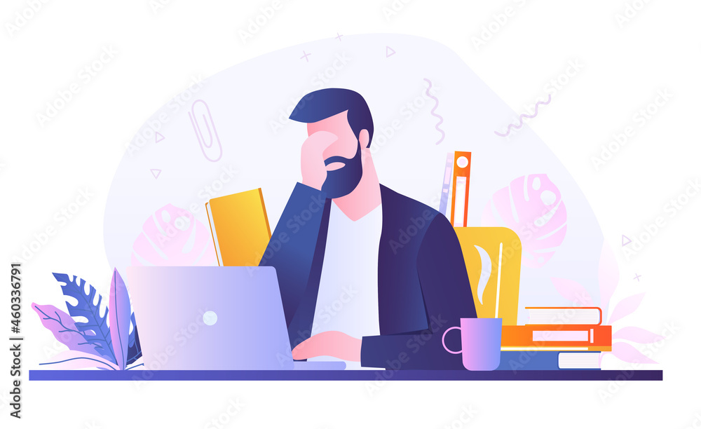 Caucasian bearded man working on laptop in office. Eye strain and ...