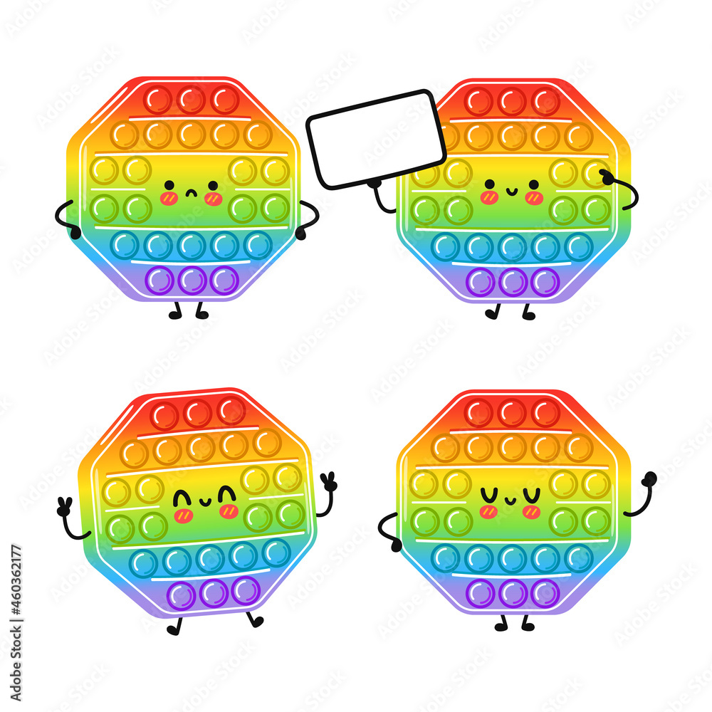 Funny cute happy popit characters bundle set. Vector kawaii line ...