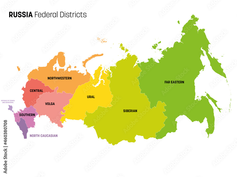 Colorful political map of Russia, or Russian Federation. Divided by ...