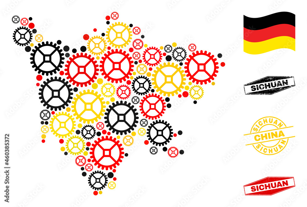 Repair service Sichuan Province map composition and seals. Vector ...