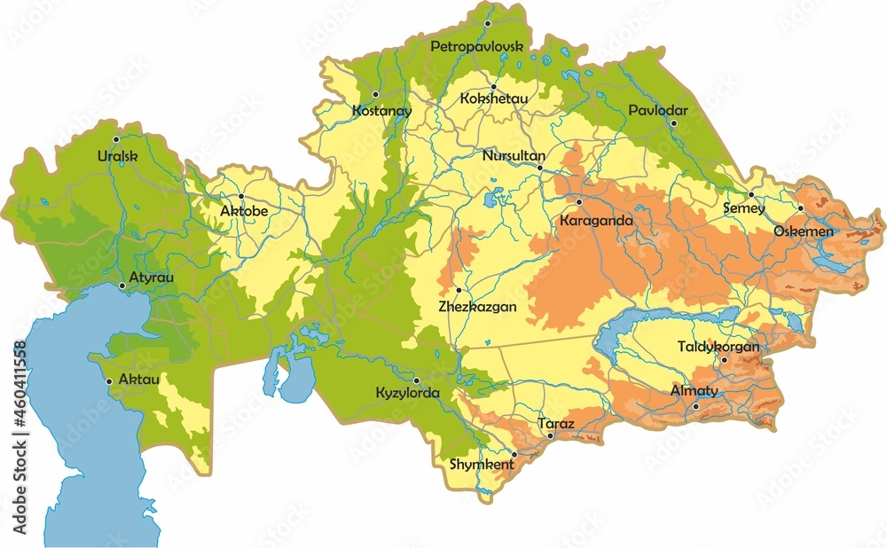 Vector physical map of Kazakhstan. Color map, mountains and plains ...