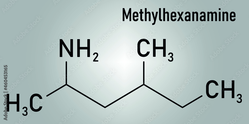 Methylhexanamine (dimethylamylamine, DMAA) stimulant molecule. Skeletal ...