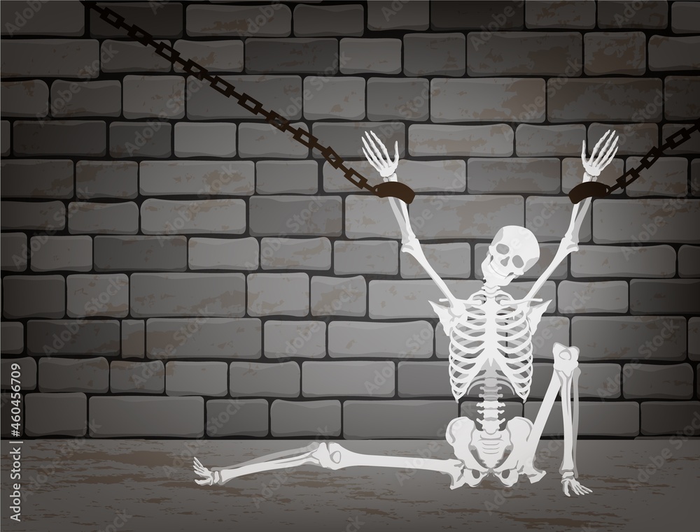 Vector de Stock Skeleton chained in dungeon. Prisoner dying of hunger ...