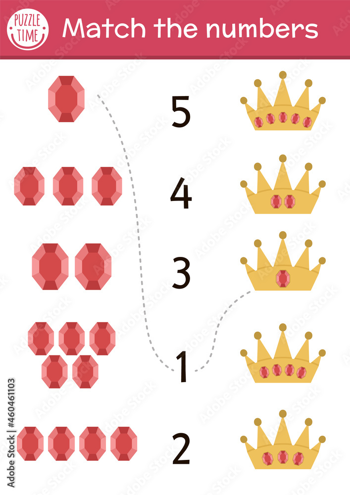 Match the numbers game with crown and gem stones. Fairytale math ...