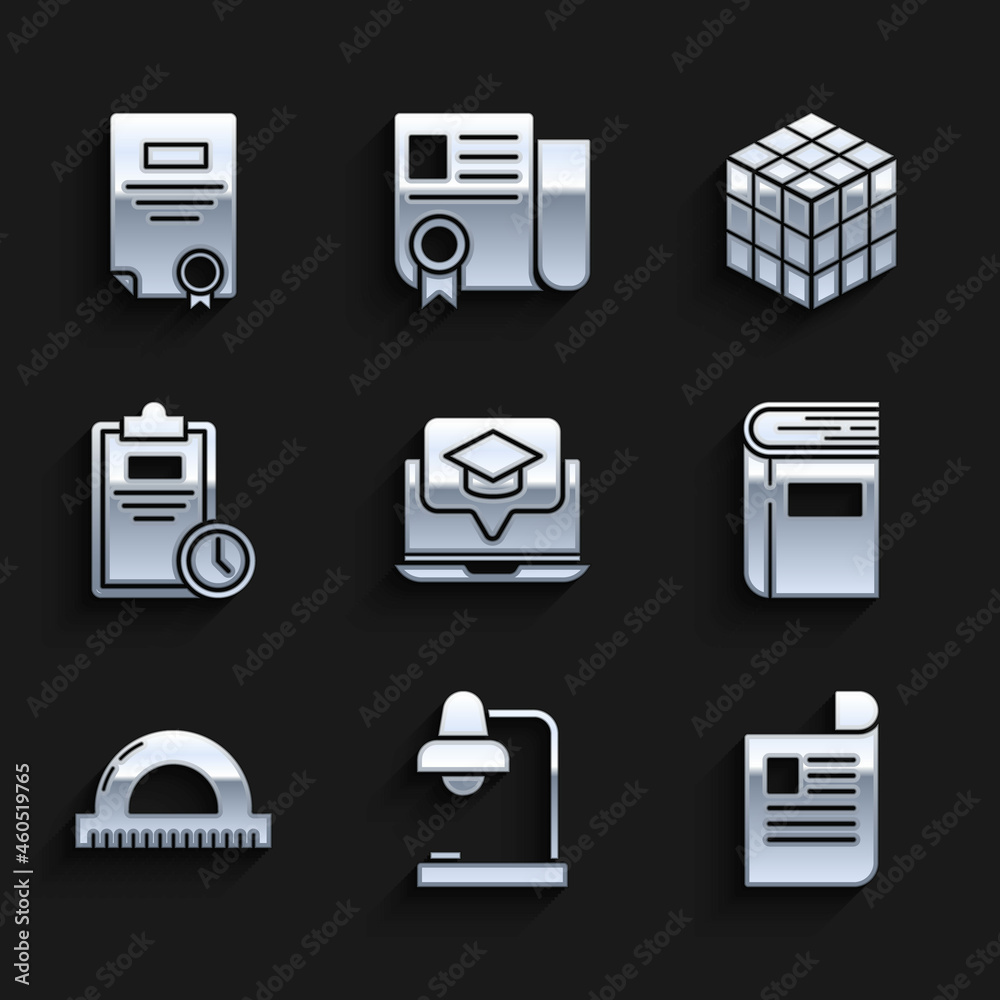 Set Graduation Cap On Screen Laptop Table Lamp Document Book