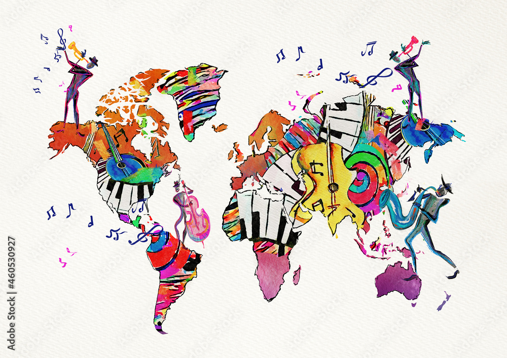 World of music. Watercolor. Concept background. Stock Illustration ...