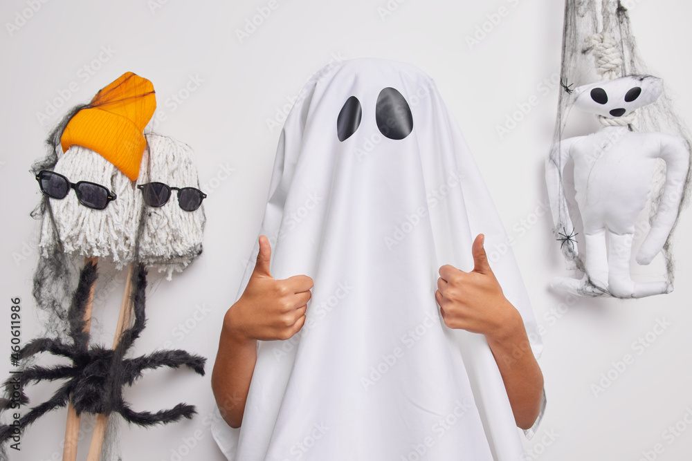 Spooky ghost wears scarying costume tells horrified stories keeps ...