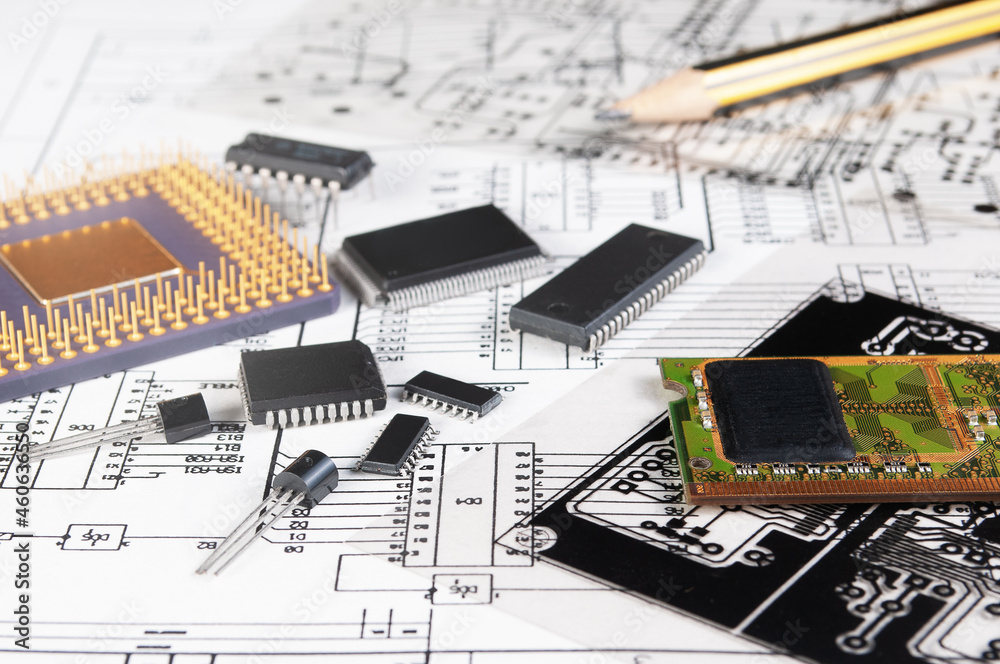Electronic board, pen, processor and radio components on background of ...