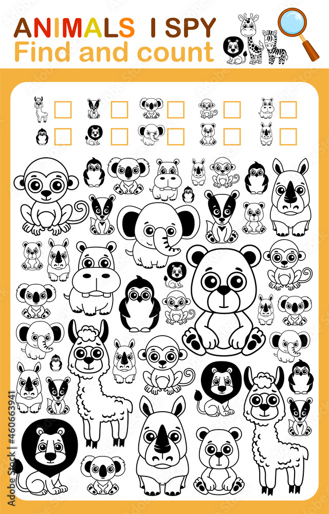 Coloring book page i spy. Count and color zoo animal. Printable ...