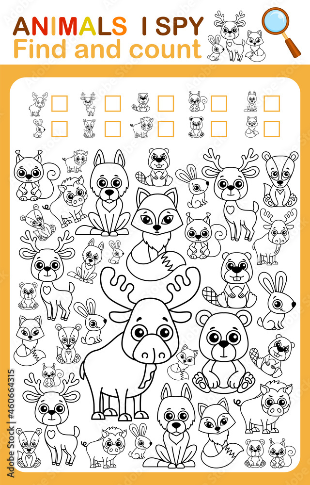 Coloring book page i spy. Count and color wild animal. Printable ...