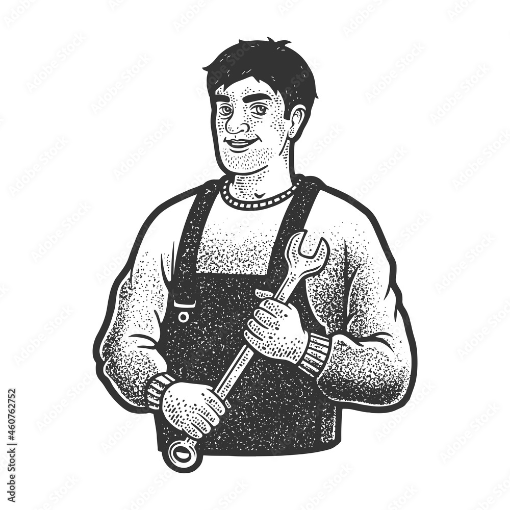 car mechanic man sketch engraving vector illustration. T-shirt apparel ...