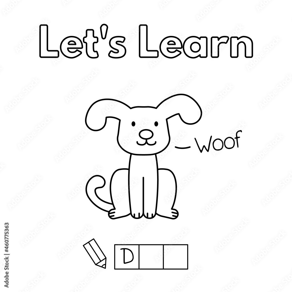 Cartoon dog learning game for small children - color and write the word ...