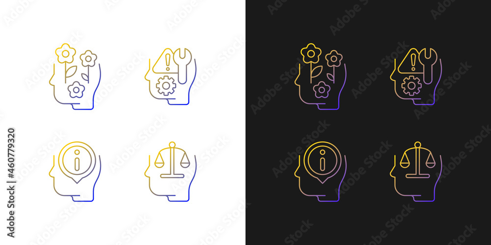 Rational and emotional mindset gradient icons set for dark and light ...