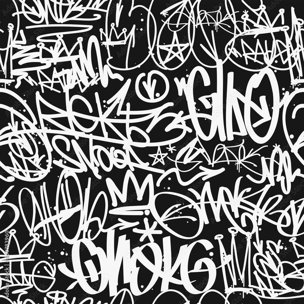 Graffiti street art doodle tags vector seamless pattern. Hip-Hop style ...