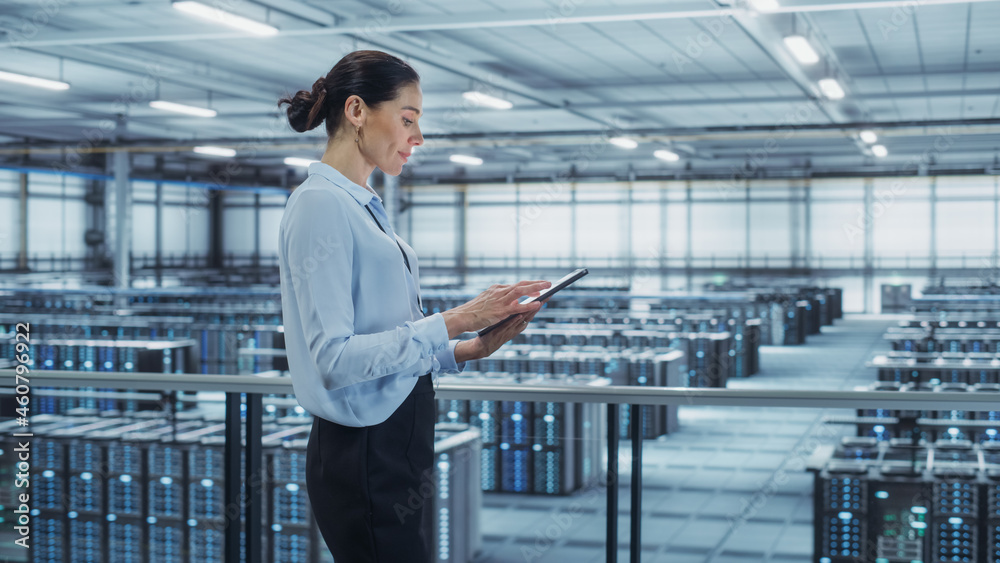 Data Center Engineer Using Tablet Computer. Server Farm Cloud Computing ...