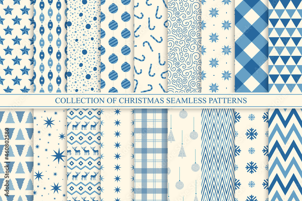Collection of christmas seamless patterns. Holiday endless blue and ...