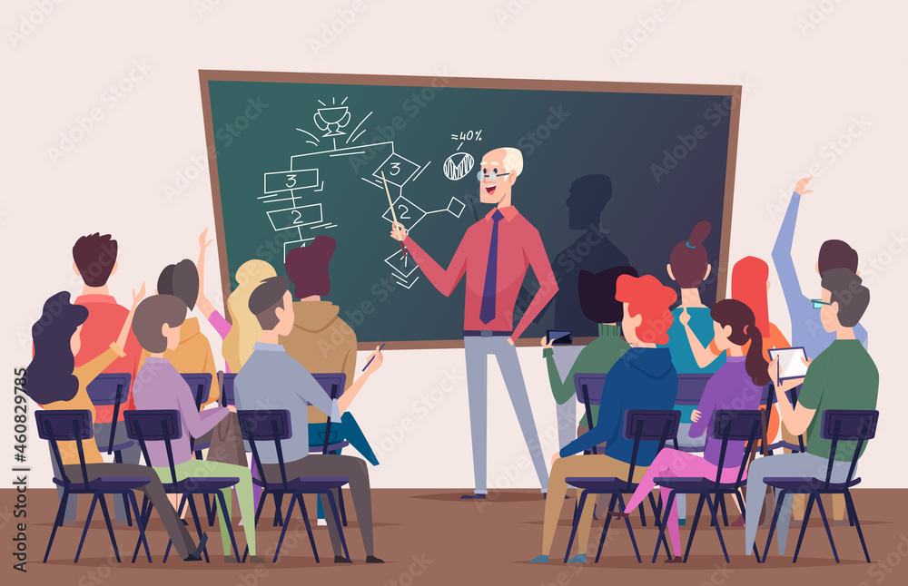 Students lecture. Training characters sitting on chairs talk in ...