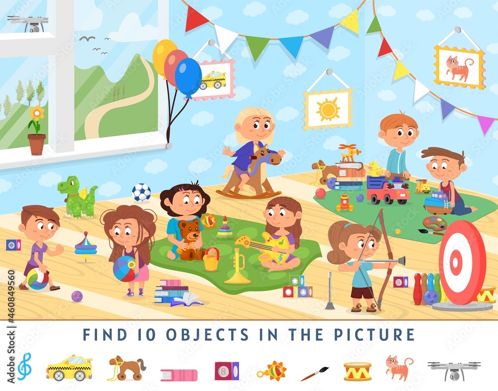 Find 10 objects. Kids game, school activity background. Funny mind ...