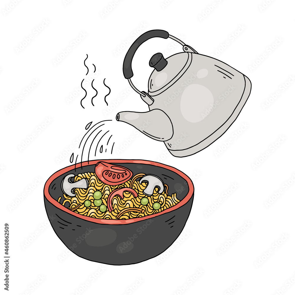 Steeping instant noodles or indomie with water, vector illustration ...