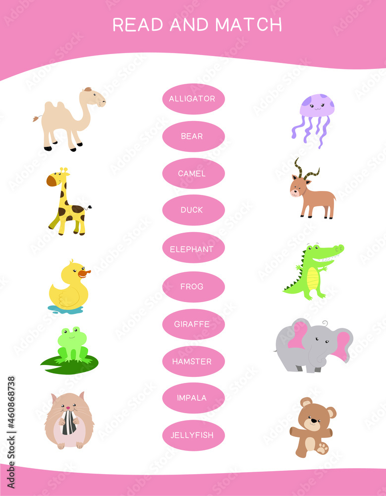 Read and match worksheet game. English alphabet with cartoon animals ...