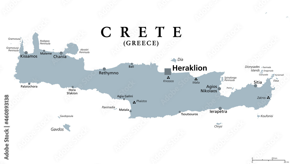Crete, Greek island, gray political map, with capital Heraklion ...