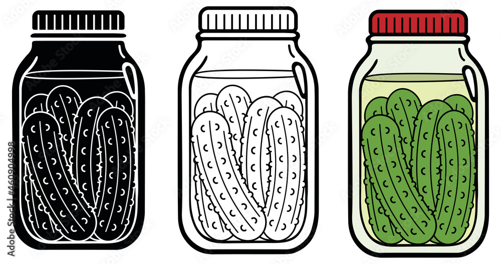 Pickle Jar Clipart Set - Outline, Silhouette and Colored Stock Vector ...