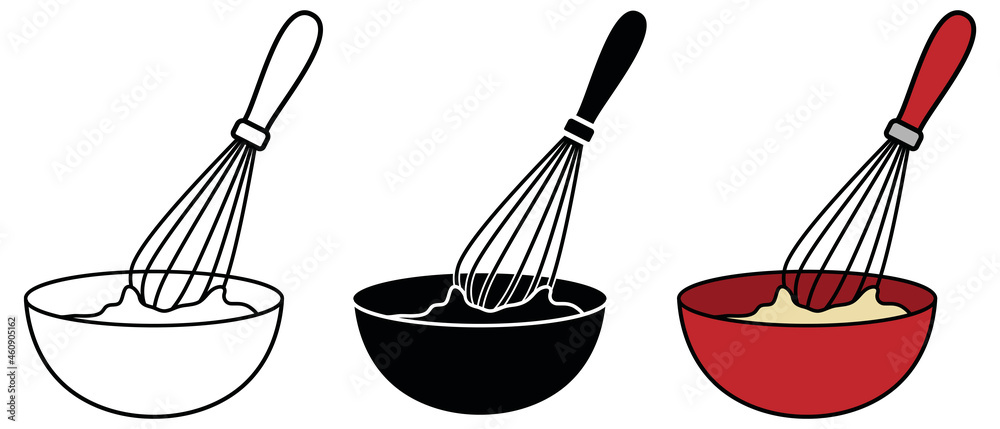 Whisk and Mixing Bowl Clipart Set - Outline, Silhouette and Colored ...