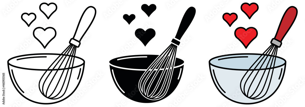 Whisk and Glass Mixing Bowl with Hearts Clipart Set - Outline ...