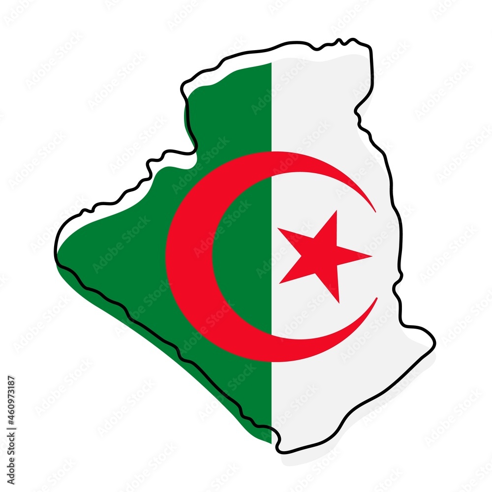 Stylized outline map of Algeria with national flag icon. Flag color map ...