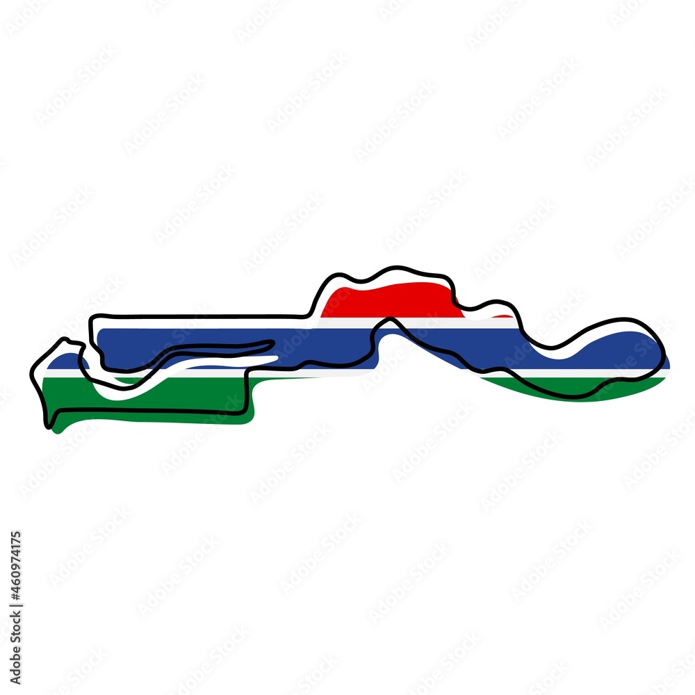 Stylized outline map of Gambia with national flag icon. Flag color map ...