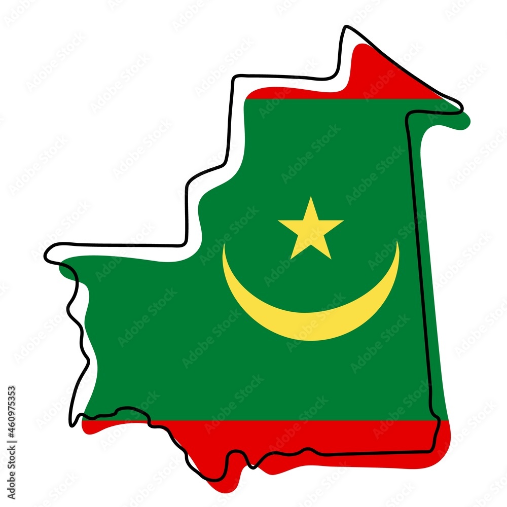 Stylized outline map of Mauritania with national flag icon. Flag color ...