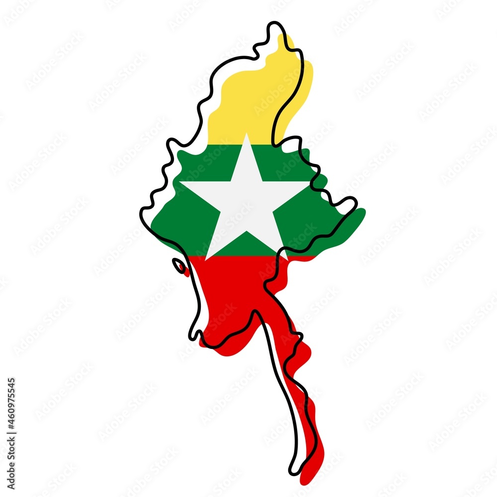 Stylized outline map of Myanmar with national flag icon. Flag color map of Myanmar vector ...