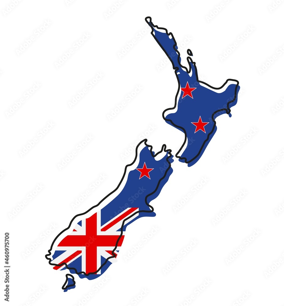 Stylized outline map of New Zealand with national flag icon. Flag color ...