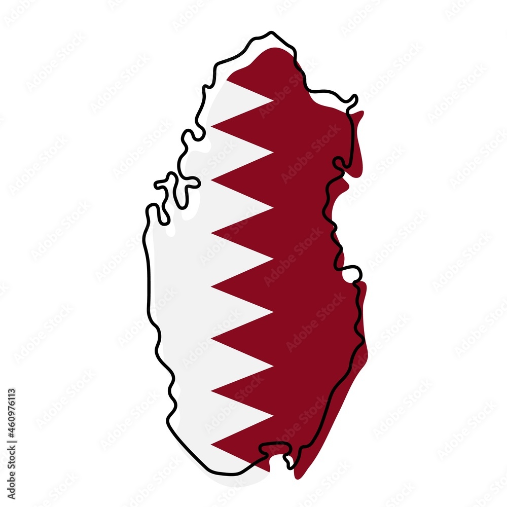 Stylized outline map of Qatar with national flag icon. Flag color map ...