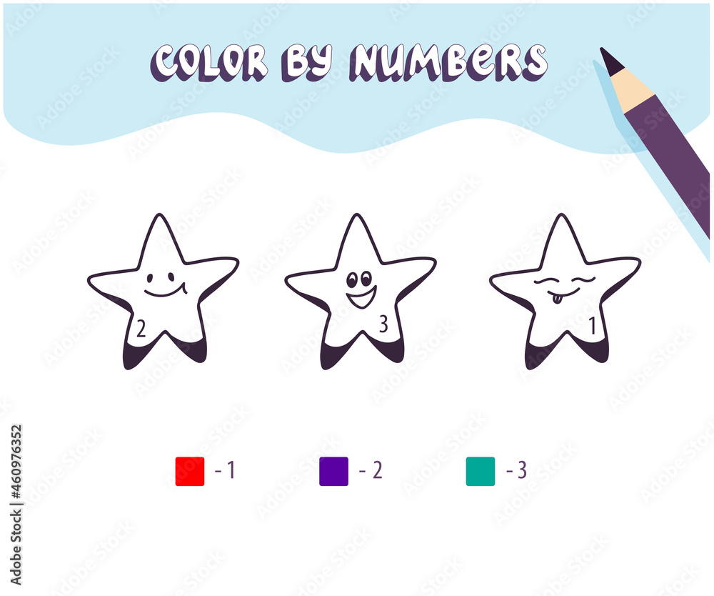 Coloring page with cute smiling stars. Color by numbers. Educational ...