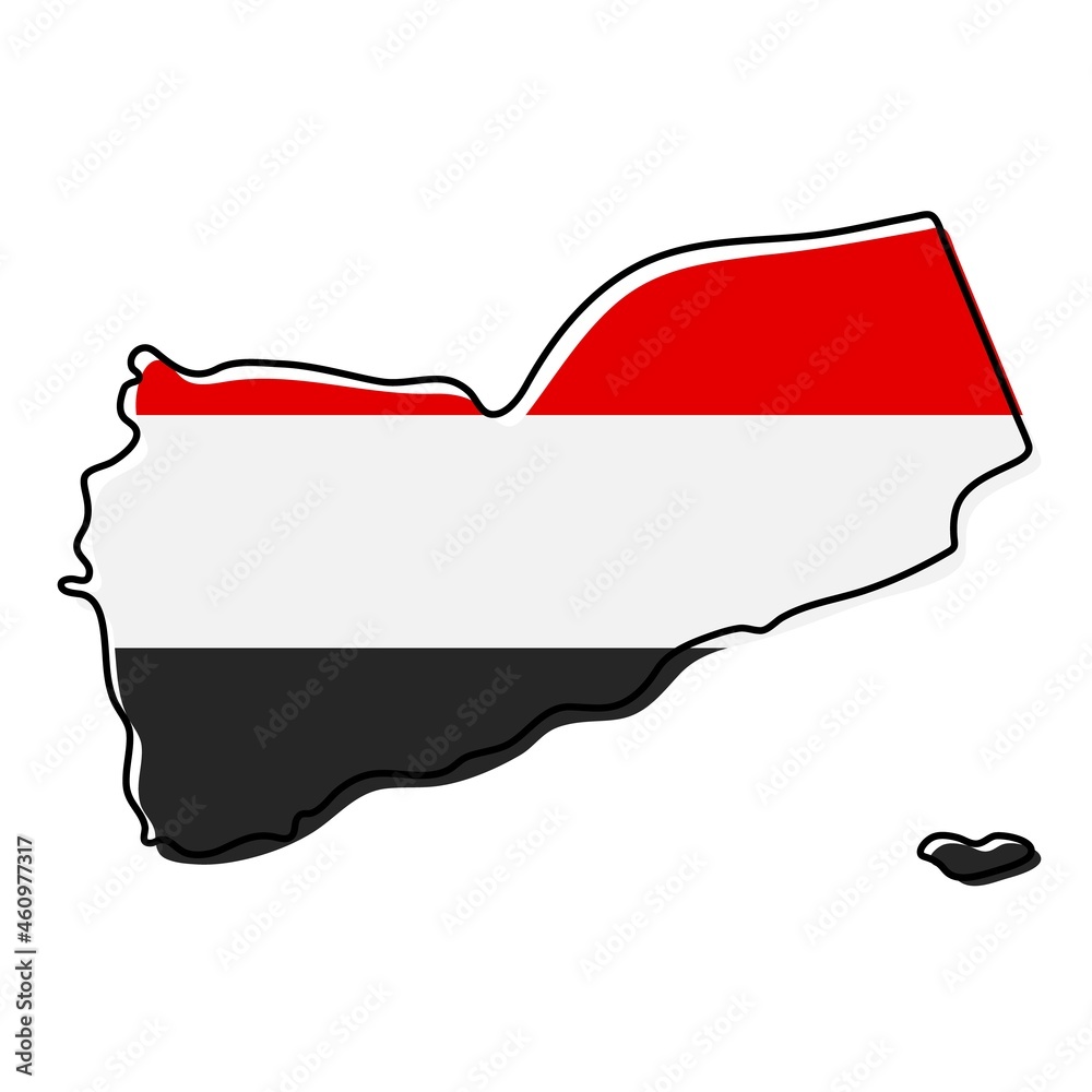 Stylized outline map of Yemen with national flag icon. Flag color map ...