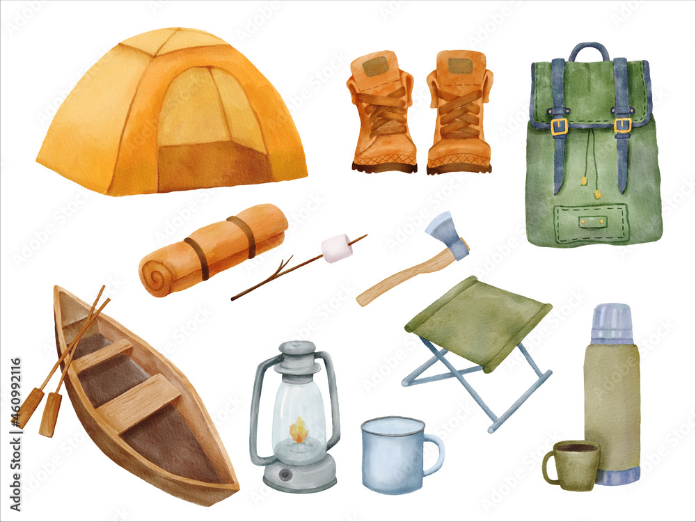 Set of watercolor painted camping supplies clipart. Hand drawn ...