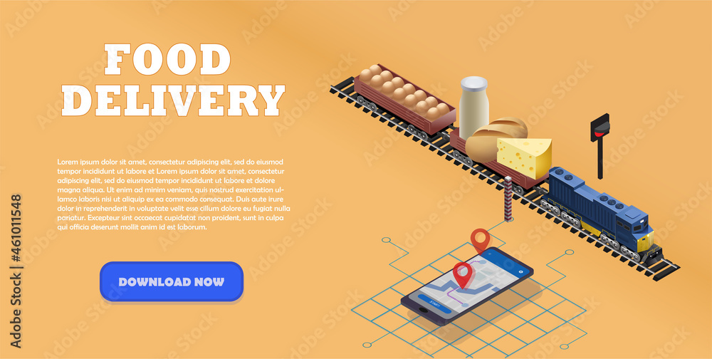 Illustration of breakfast products riding on toy railway train: bread ...