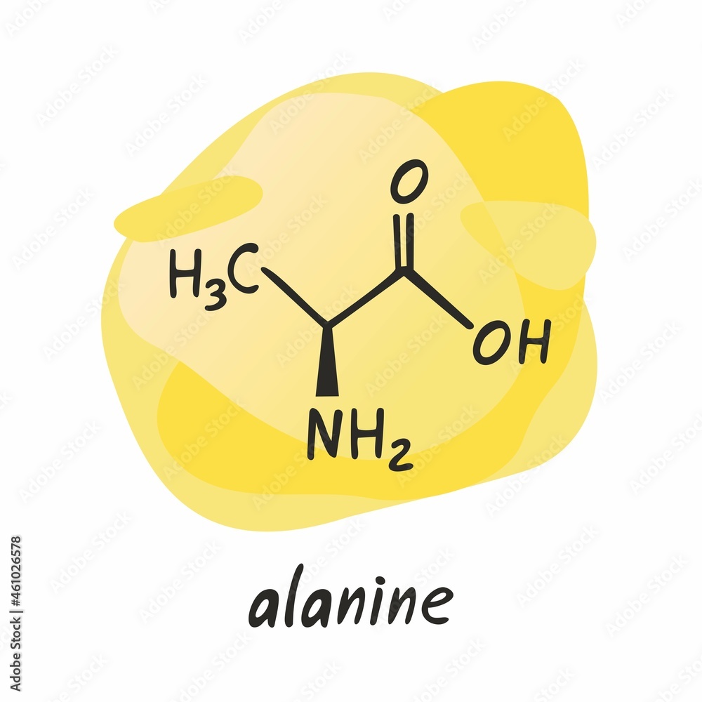 Chemical formula of the amino acid alanine is isolated on a yellow ...