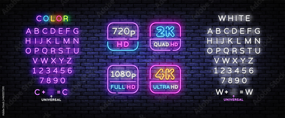 4K, 2k Ultra HD Video Resolution set neon signs vector design template ...