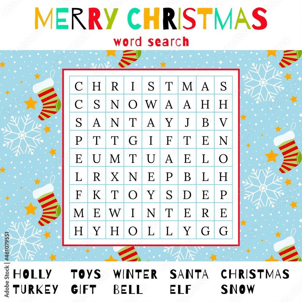 Easy Christmas word search puzzle. Winter holiday crossword. Printable ...