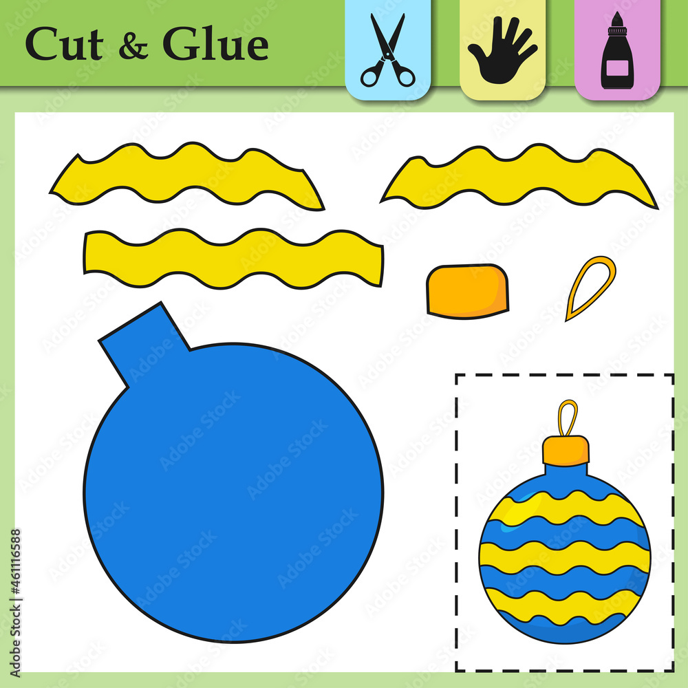 Paper game for kids. Create the applique cute New Year Ball toy. Cut ...