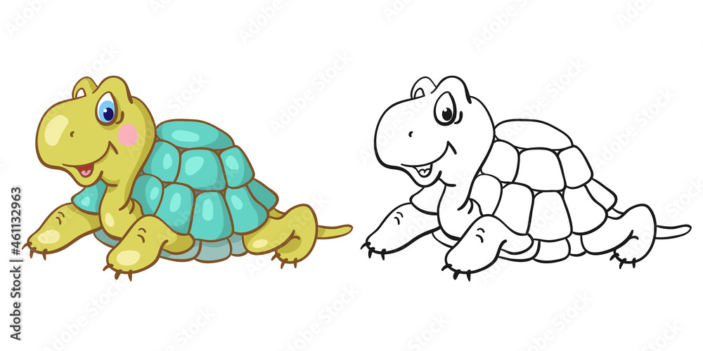 Funny colorful turtle and its outline drawing. In cartoon style ...