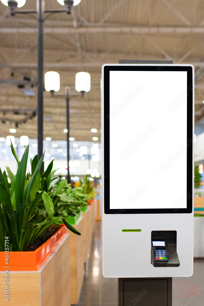 Self service electronic counter with blank mockups on white screen and ...