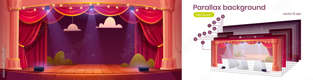 Parallax background for game, 2d cartoon theater stage with red ...