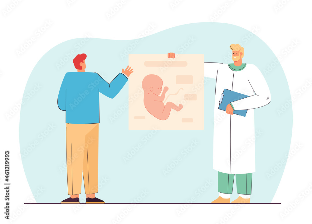 Male cartoon doctor showing student infographic with baby. Man learning ...