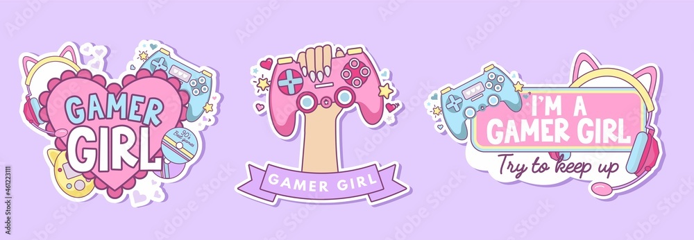 Gamer girl colorful sticker set with kawaii objects gamepad, cat ear ...